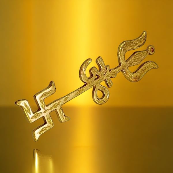 PujaSamadhaan Swastik OM Trishul Yantra - 6 Inches Golden Wall Hanging ...
